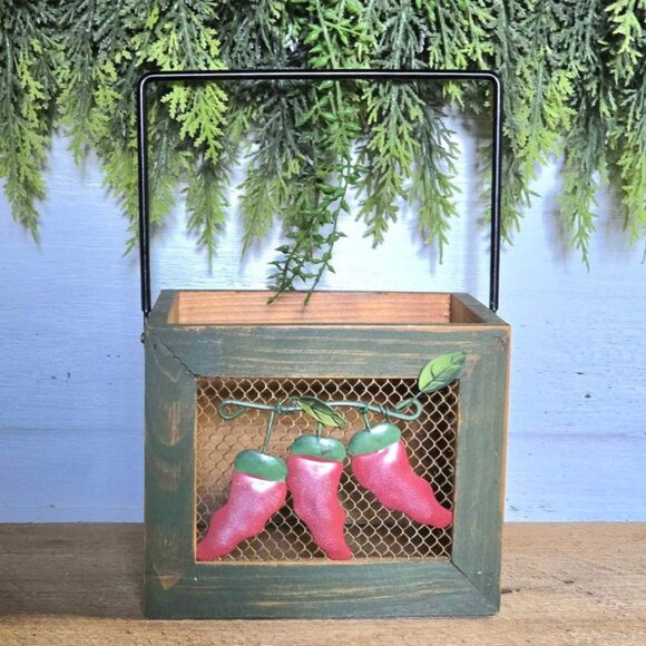 Accents | Primitive Green Distressed Wood Wire Peppers Box Basket ...